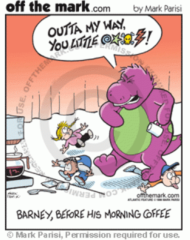 Grumpy Dinosaur needs Coffee - off the mark cartoons
