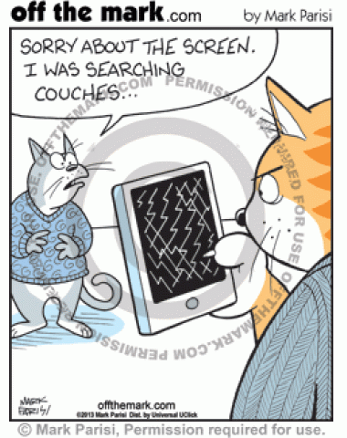 Tablet Scratching Cat - off the mark cartoons