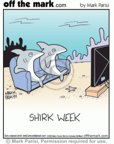 Lazy Shark TV Watching Shirk Week - off the mark cartoons