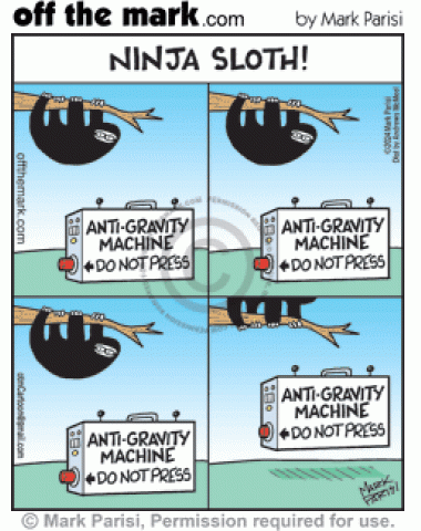 Upright Floating Ninja Sloth Anti-Gravity Machine - off the mark cartoons